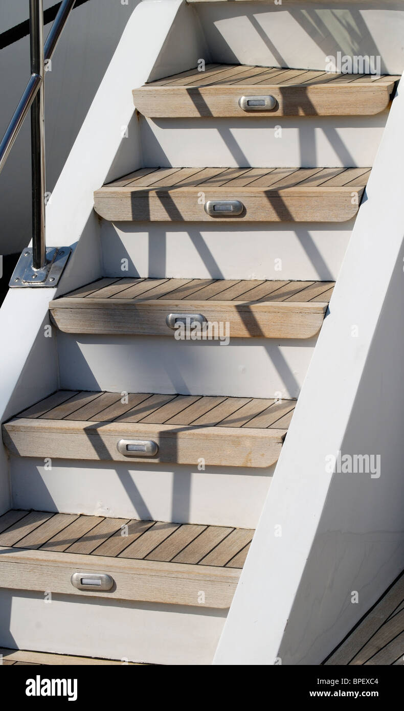 Steps on motorboat moored in the harbour at Cannes. Cote d'Azur. France ...