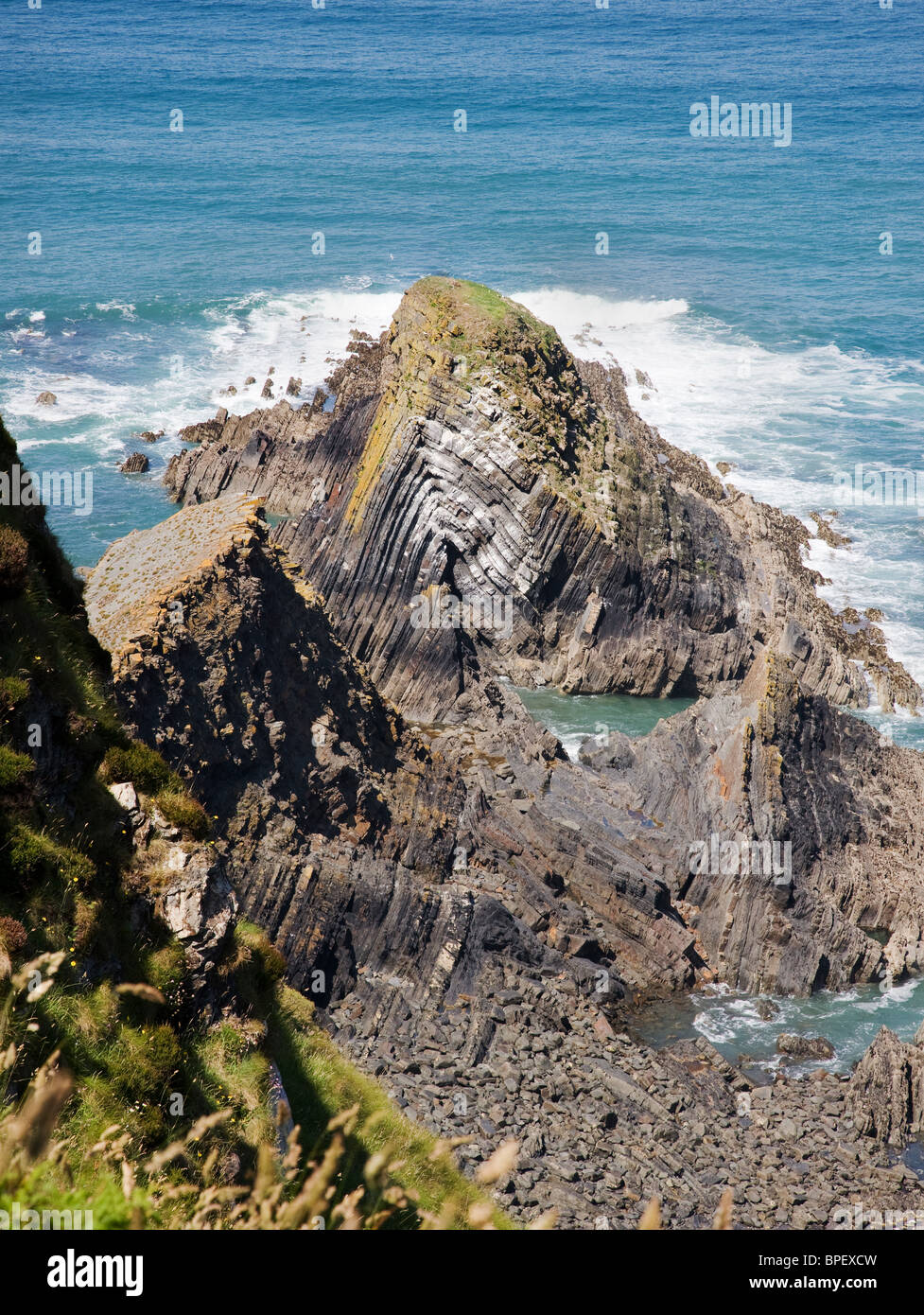 Small anticline visible in eroded cliffs of Gull Rock on Marsland Cliff ...