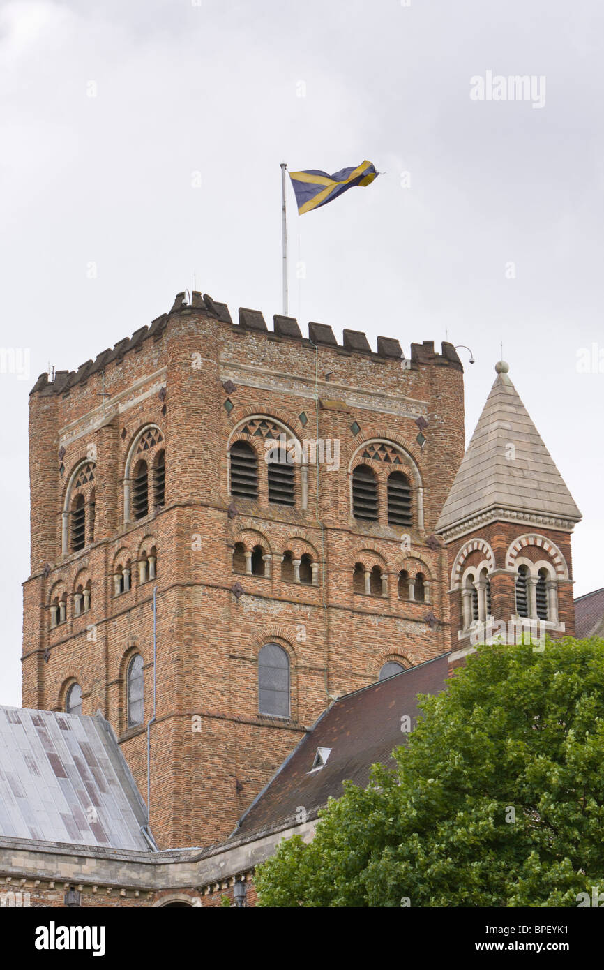 St Albans Abbey Cathedral tower flying blue and yellow St Albans flag ...
