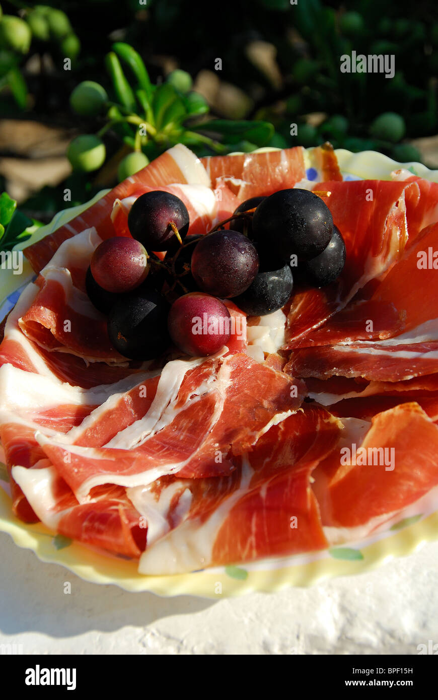 CROATIA. A plate of thinly-sliced prsut (Dalmatia smoked ham Stock ...