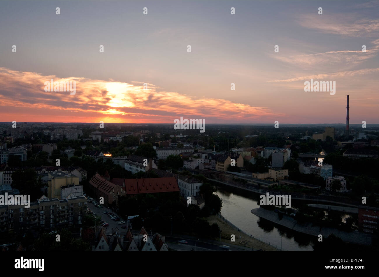Wroclaw and River Odra at sunset from tower of St Elizabeths Church ...