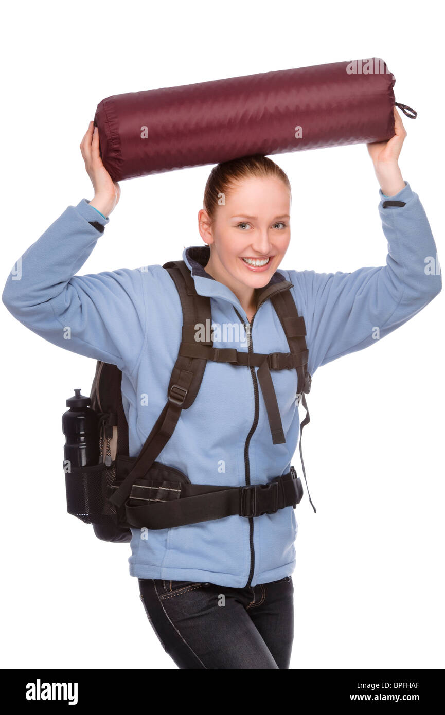 Full isolated studio picture from a young and happy backpacker Stock ...