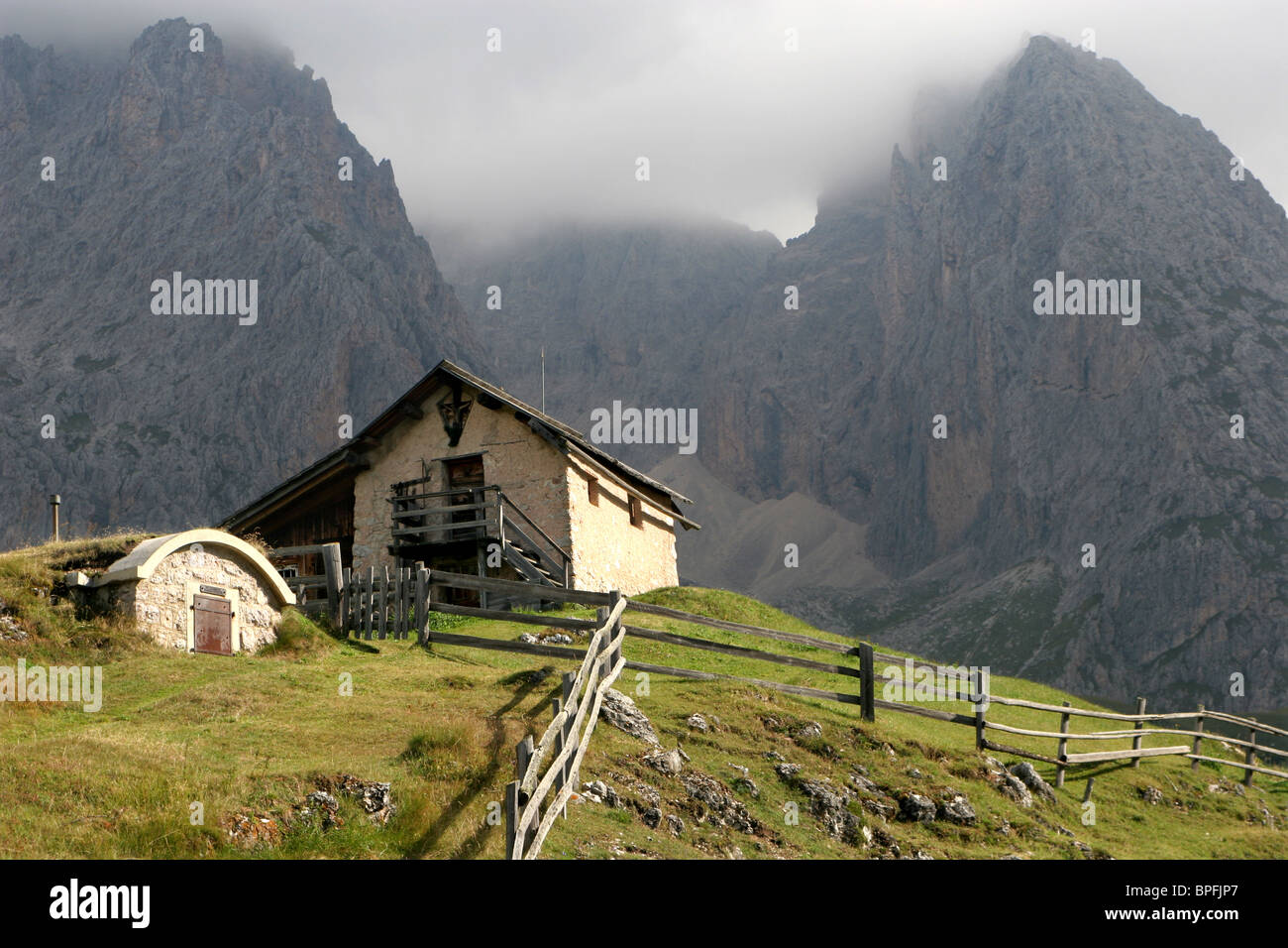 old chalet in Dolomite - Gaisler group Stock Photo - Alamy