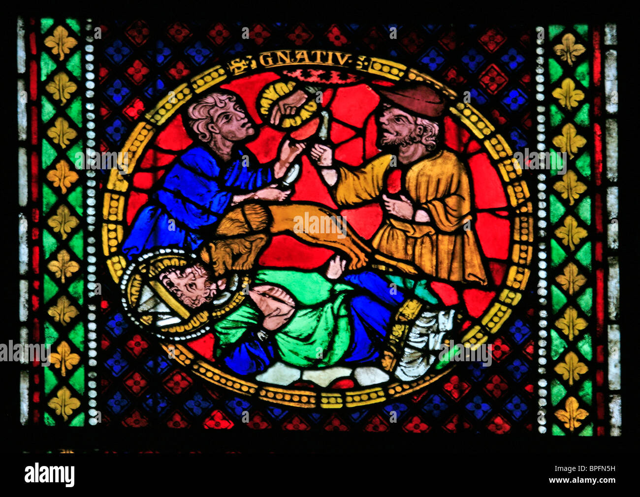 A medieval stained glass window depicting the Martyrdom of Saint ...