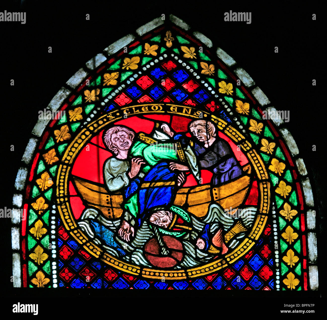 A medieval stained glass window depicting the Martyrdom of Saint ...