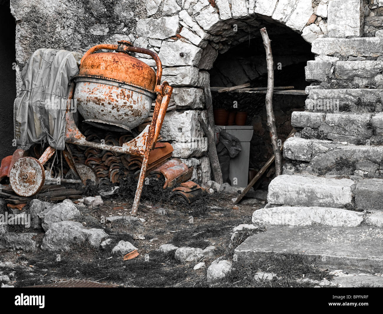 Old building site with even older tools Stock Photo - Alamy