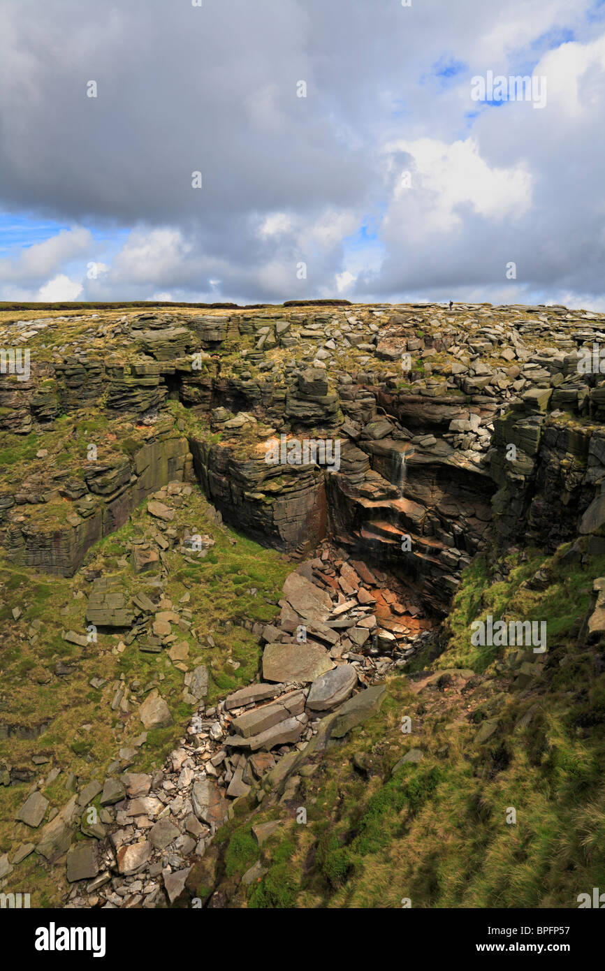 Walker on the Pennine Way above Kinder Downfall on Kinder Scout ...
