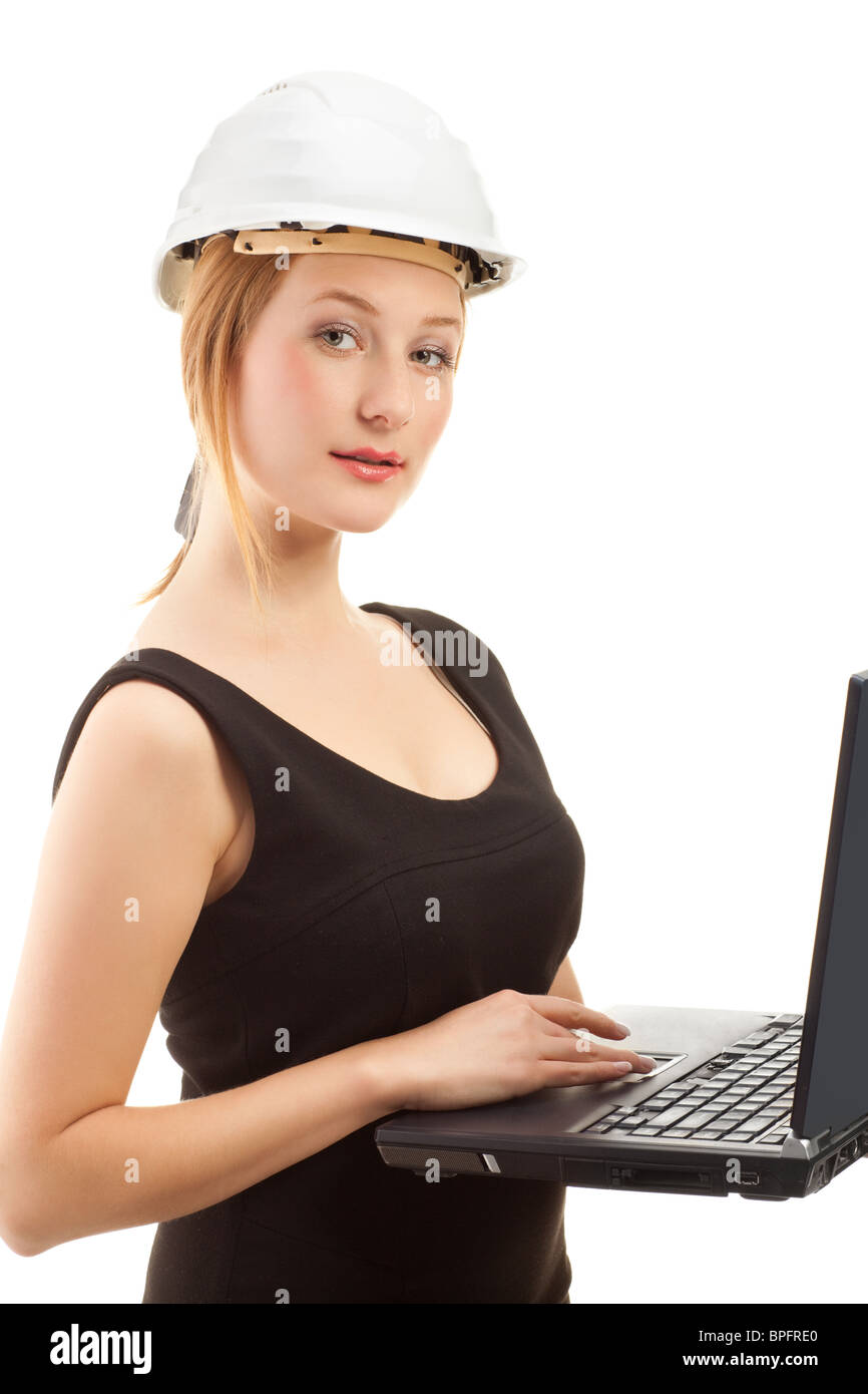 Engineer with laptop isolated on white Stock Photo - Alamy