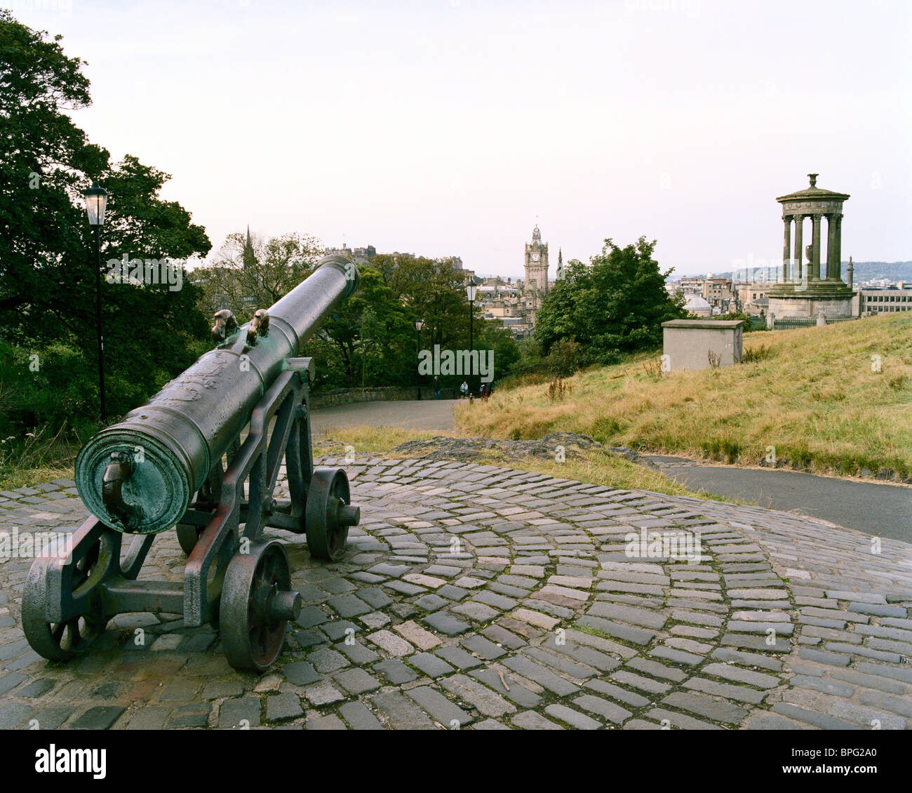 Cannon and Dugald Stewart Monument Calton Hill Edinburgh Scotland Stock ...