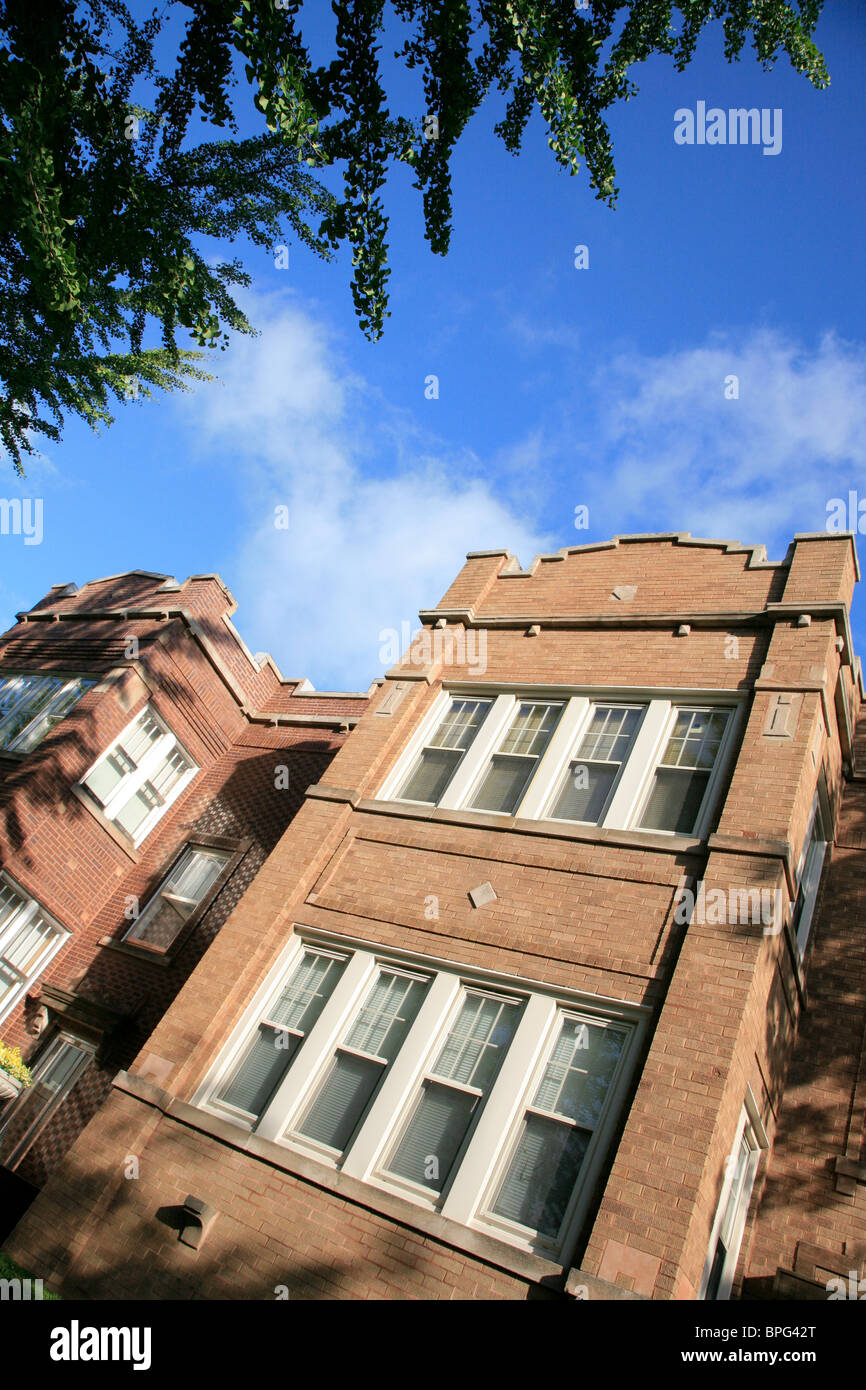 residential neighborhood city brown stone brick apartment buildings ...