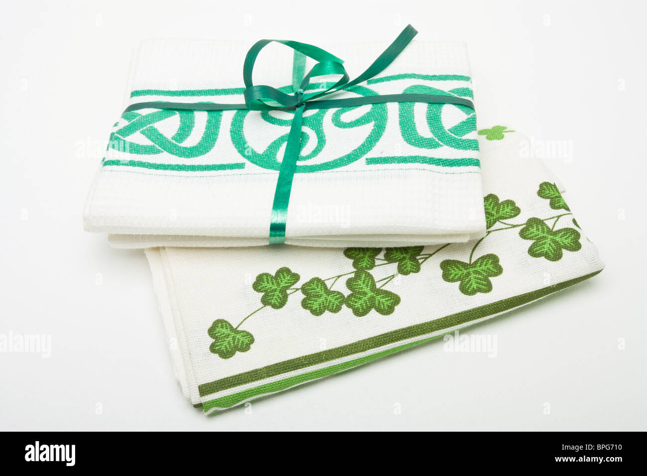 Shamrock and Celtic patterned Irish linen isolated against white ...