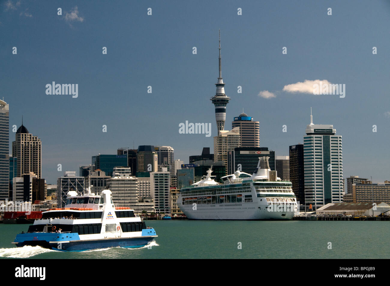 Auckland, New Zealand waterfront with cruise ship and ferry Stock Photo ...