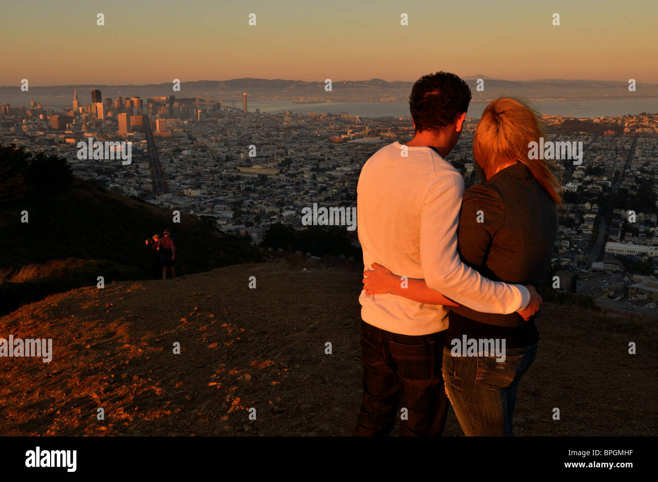 Watching the sunset from top of Twin Peaks, San Francisco, California CA Stock Photo - Alamy