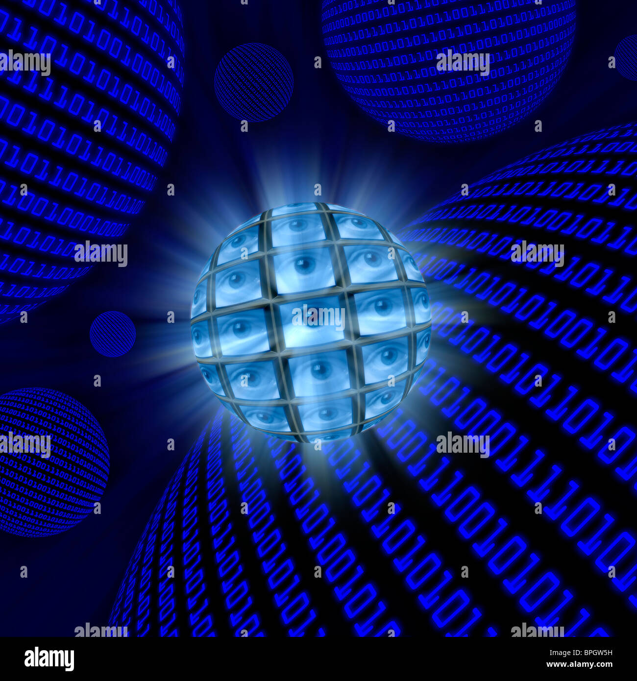 A sphere of video monitors each showing an eyeball among many orbs of ...