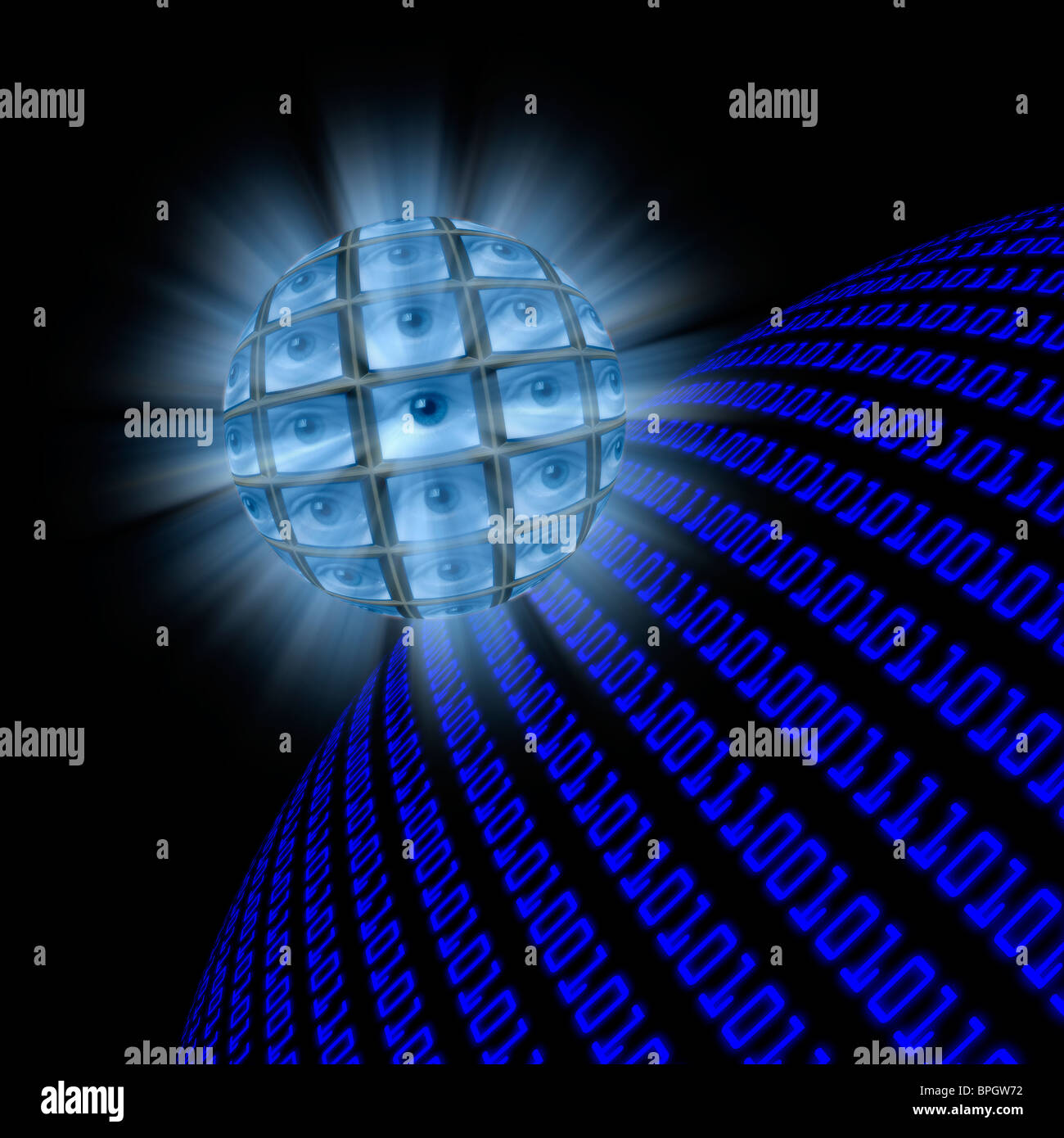 A sphere of video monitors each showing an eyeball hovering over an orb ...