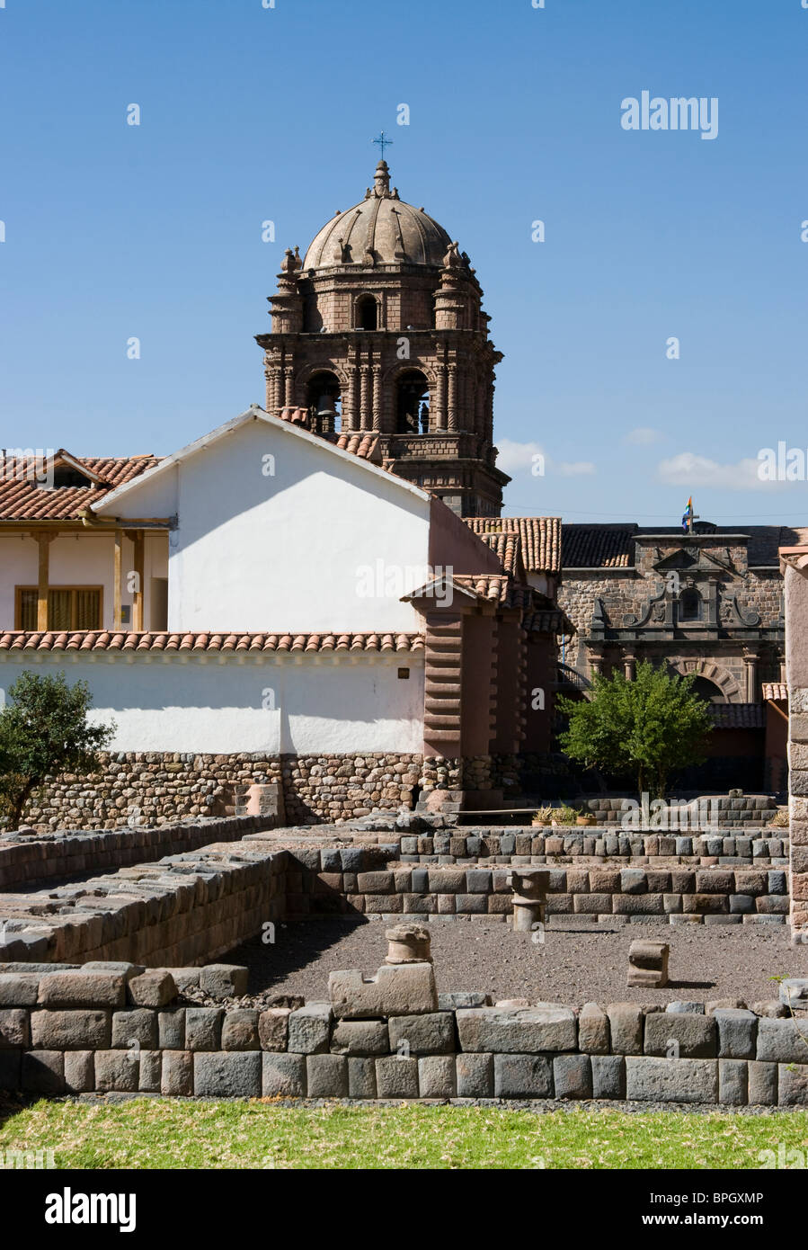 Peru. Cusco. Archeology site of Kusicancha. Inca ruins and The Church ...