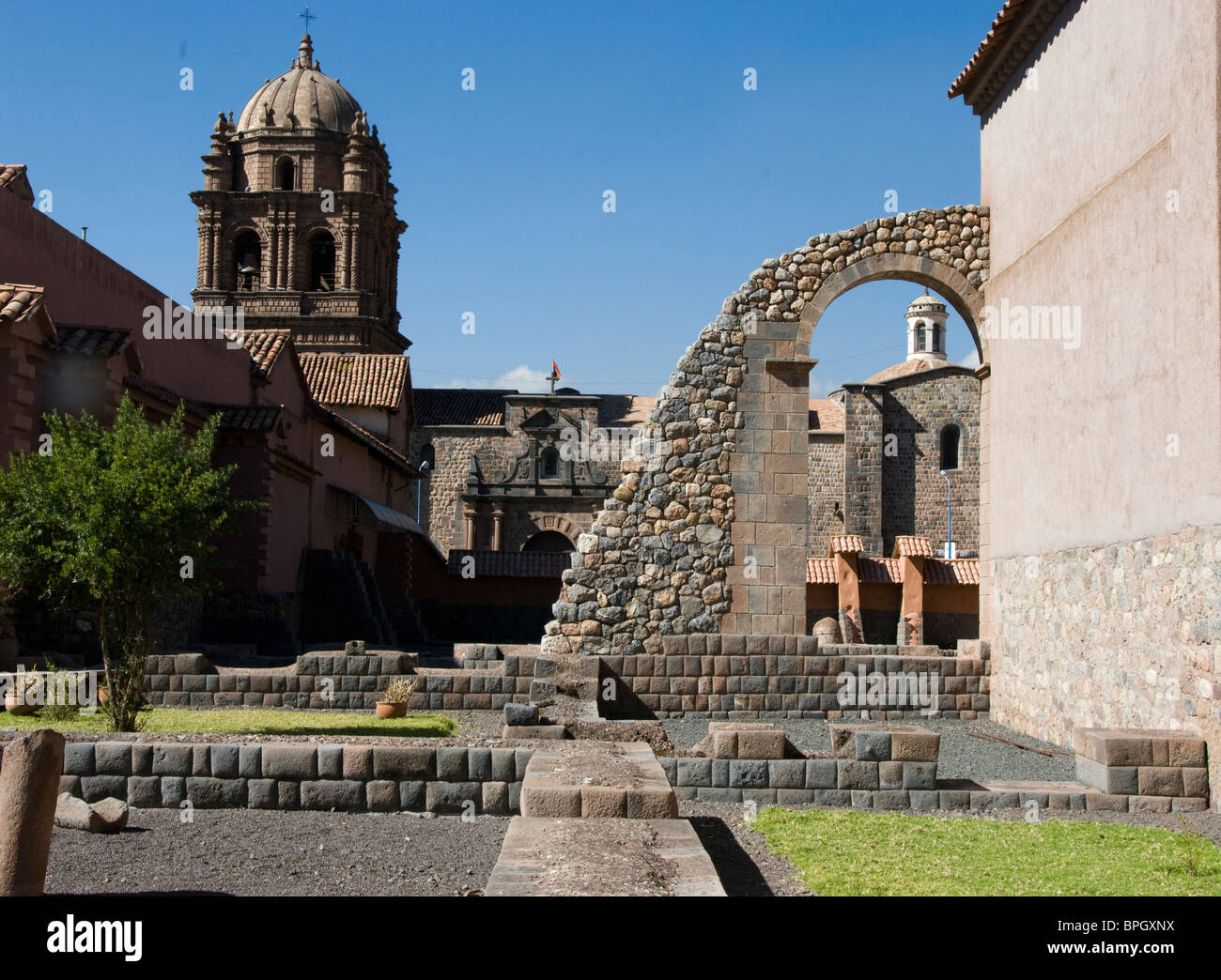 Peru. Cusco. Archeology site of Kusicancha. Inca ruins and The Church ...