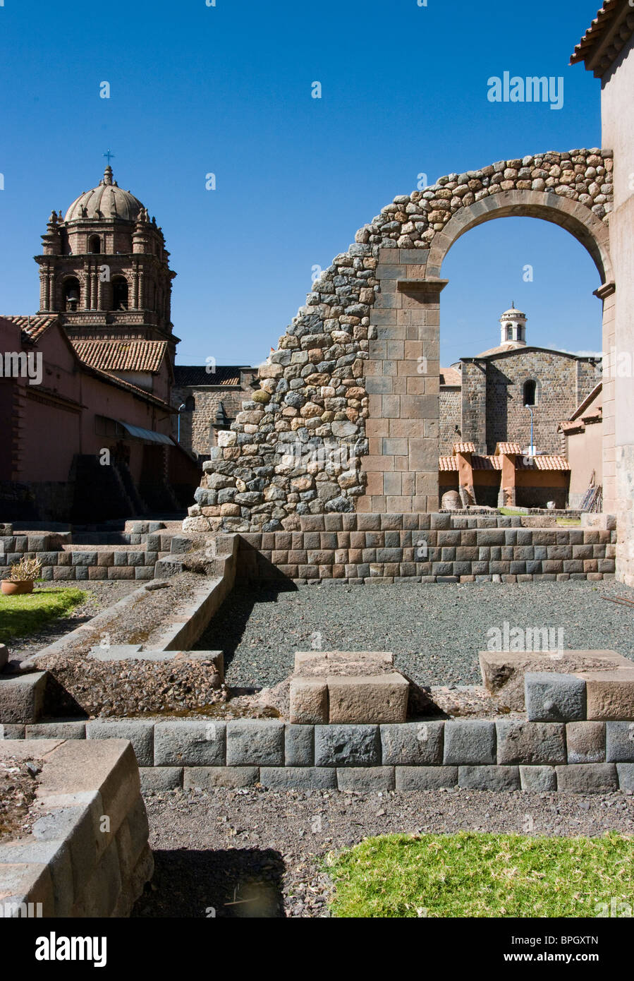 Peru. Cusco. Archeology site of Kusicancha. Inca ruins and The Church ...