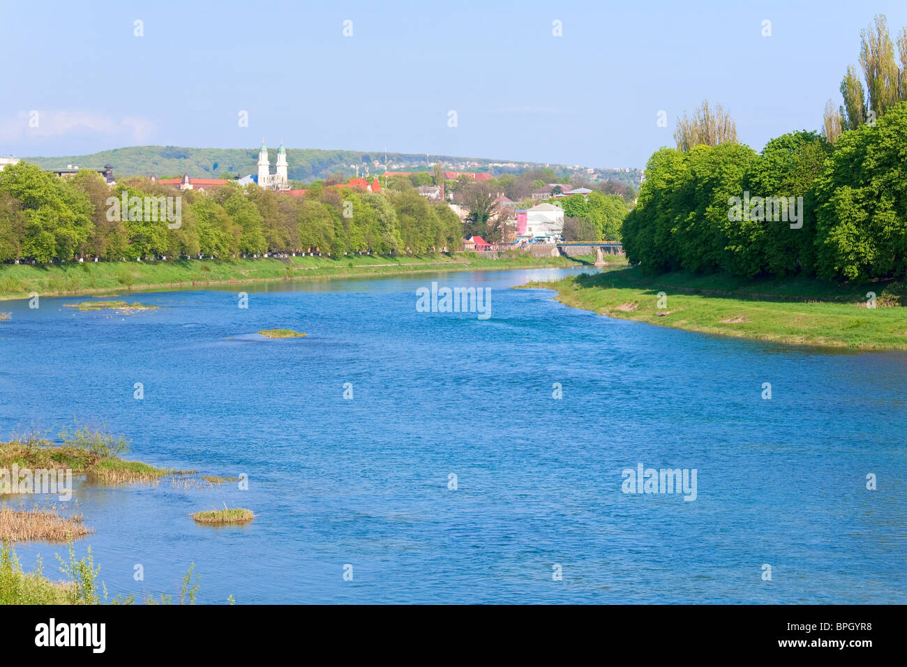 Day urban view with Uzh river and Greek Catholic Cathedral and Linden ...
