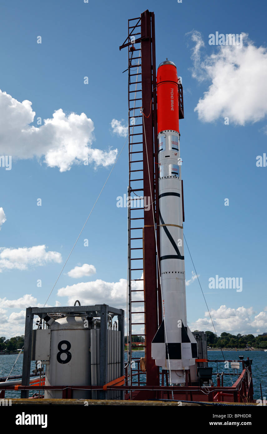 The first Danish amateur-built rocket nicknamed HEAT on its launch rig ...