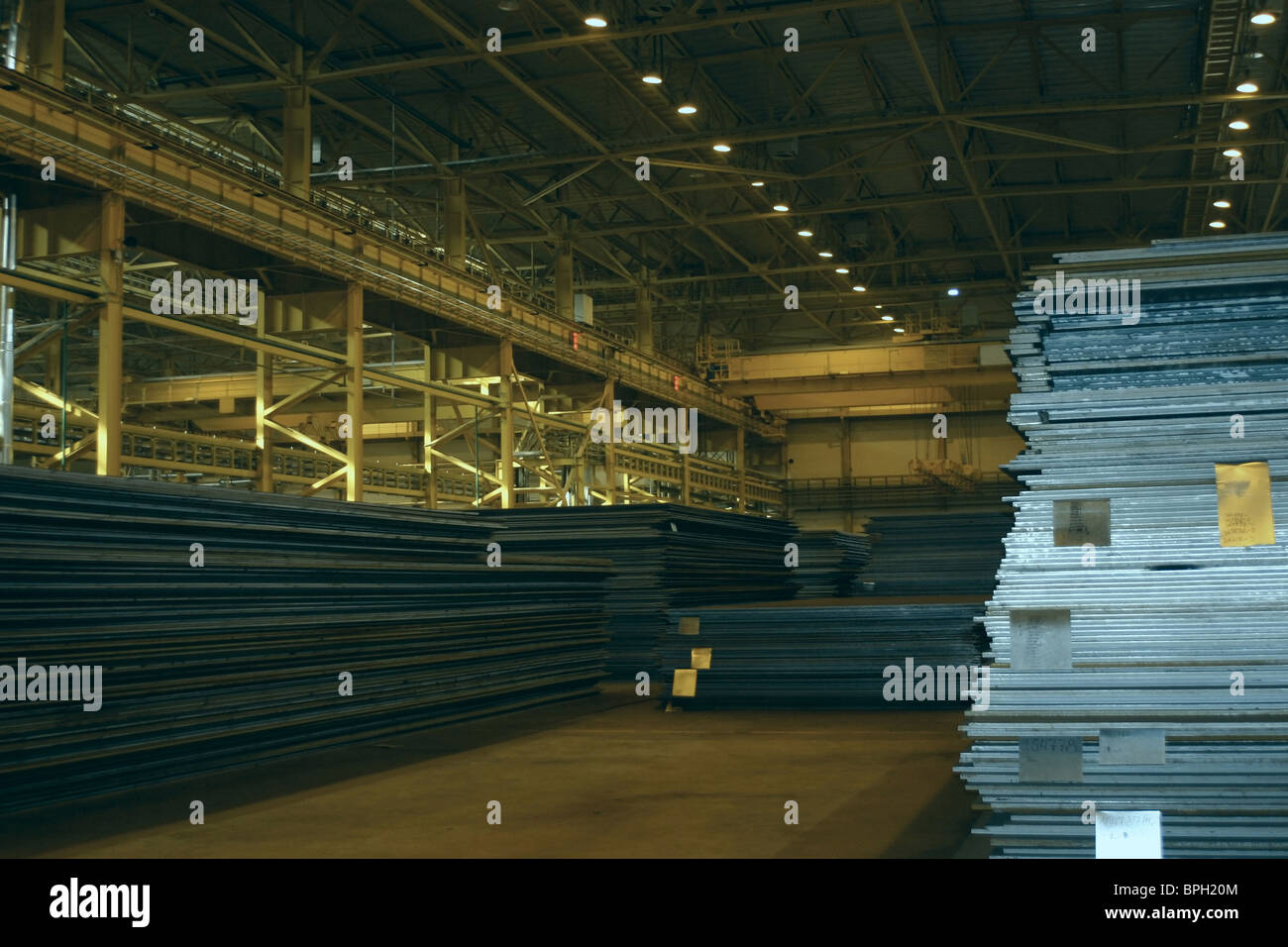 Steel rolled plates are on the finished-products storage area in works ...