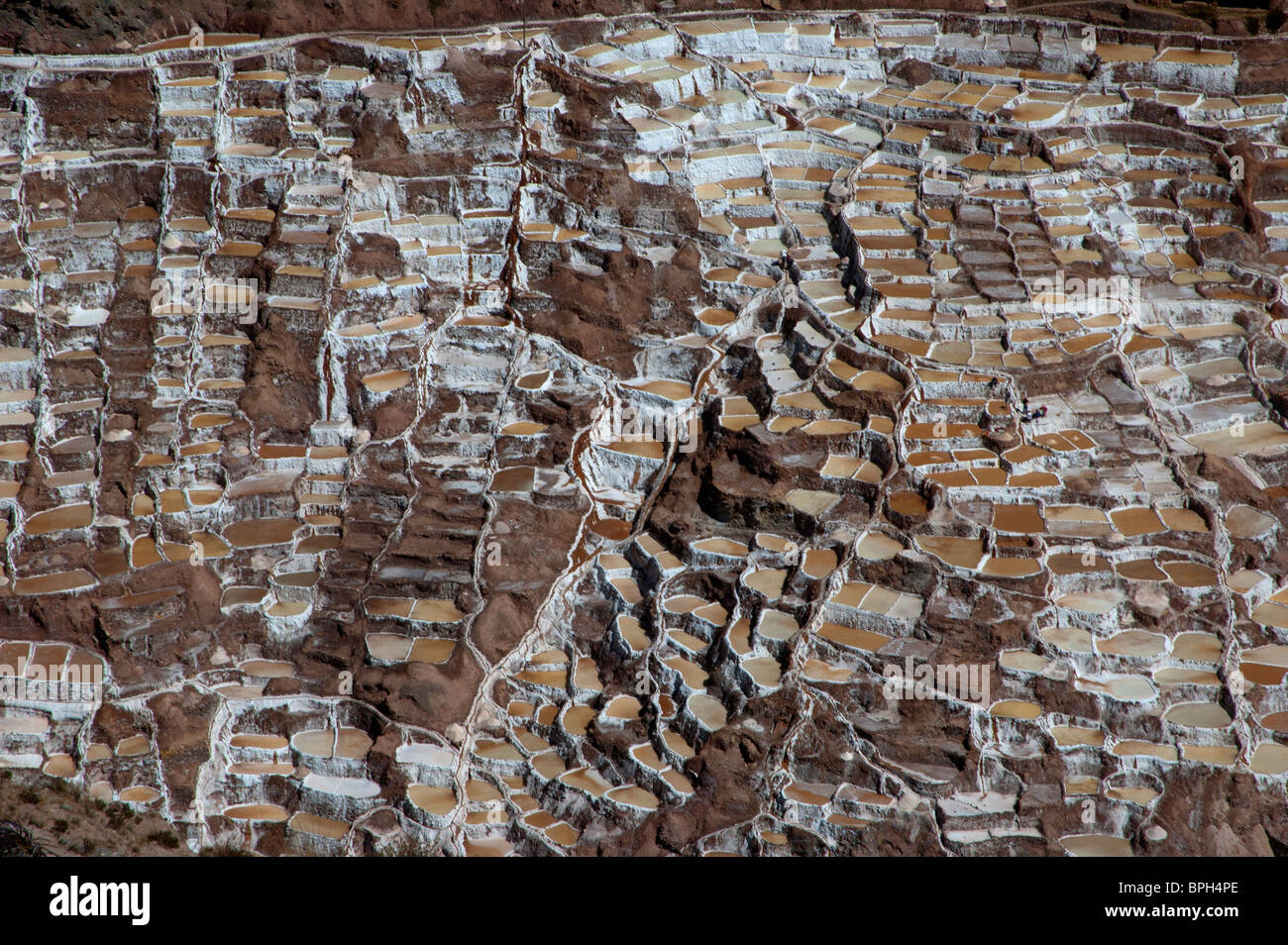 Long distance view. Salt pans dry out in the sun in the high Andes, at ...