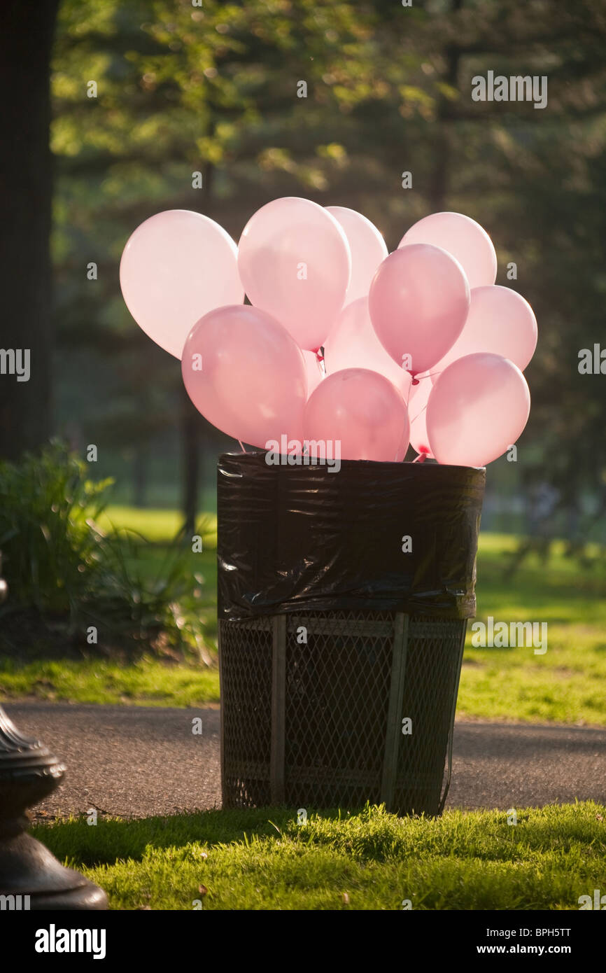 Balloons in a garbage can in a park, Boston, Suffolk County ...