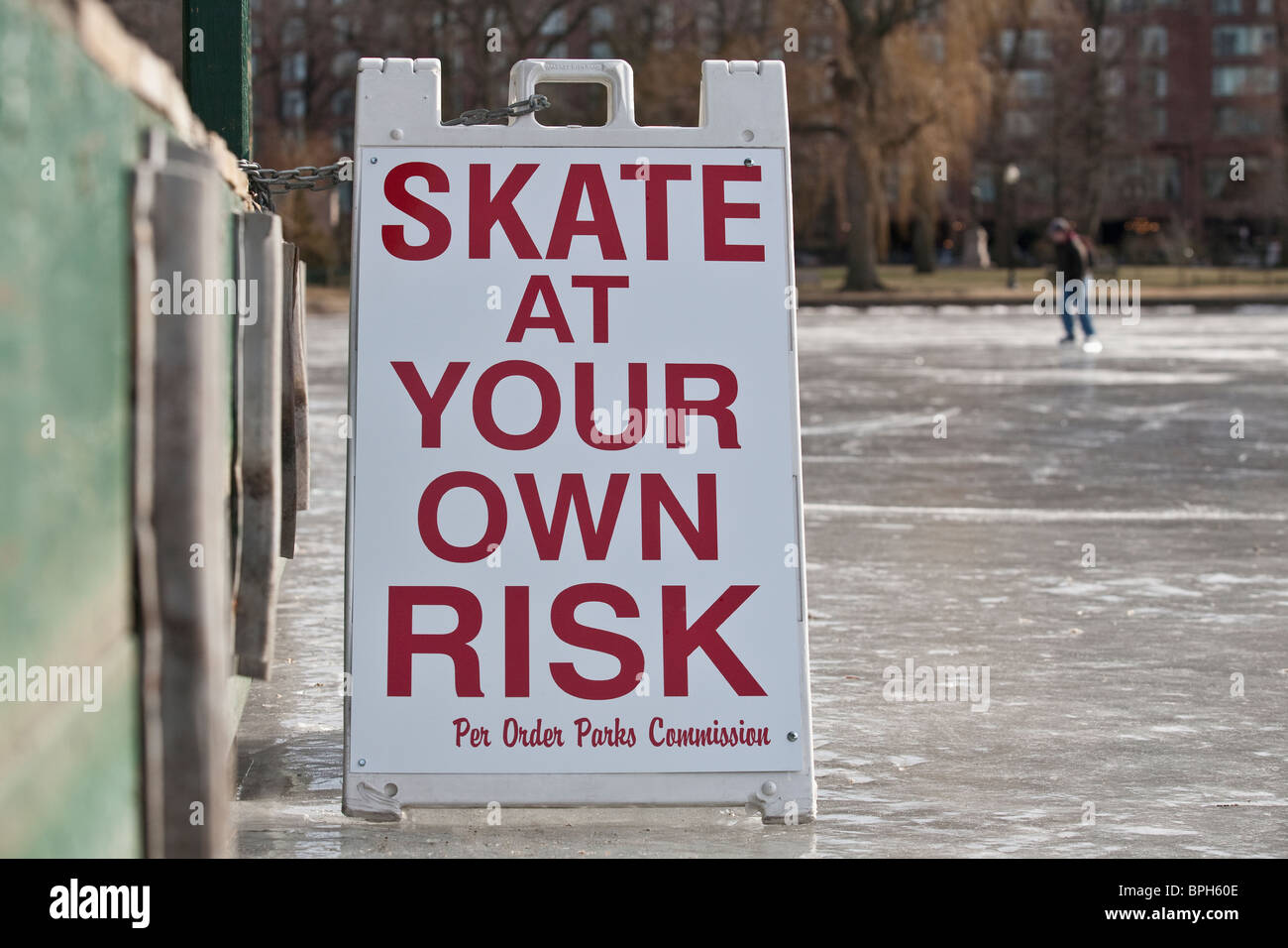 'Skate at Your Own Risk' warning sign in a public garden, Boston Public ...