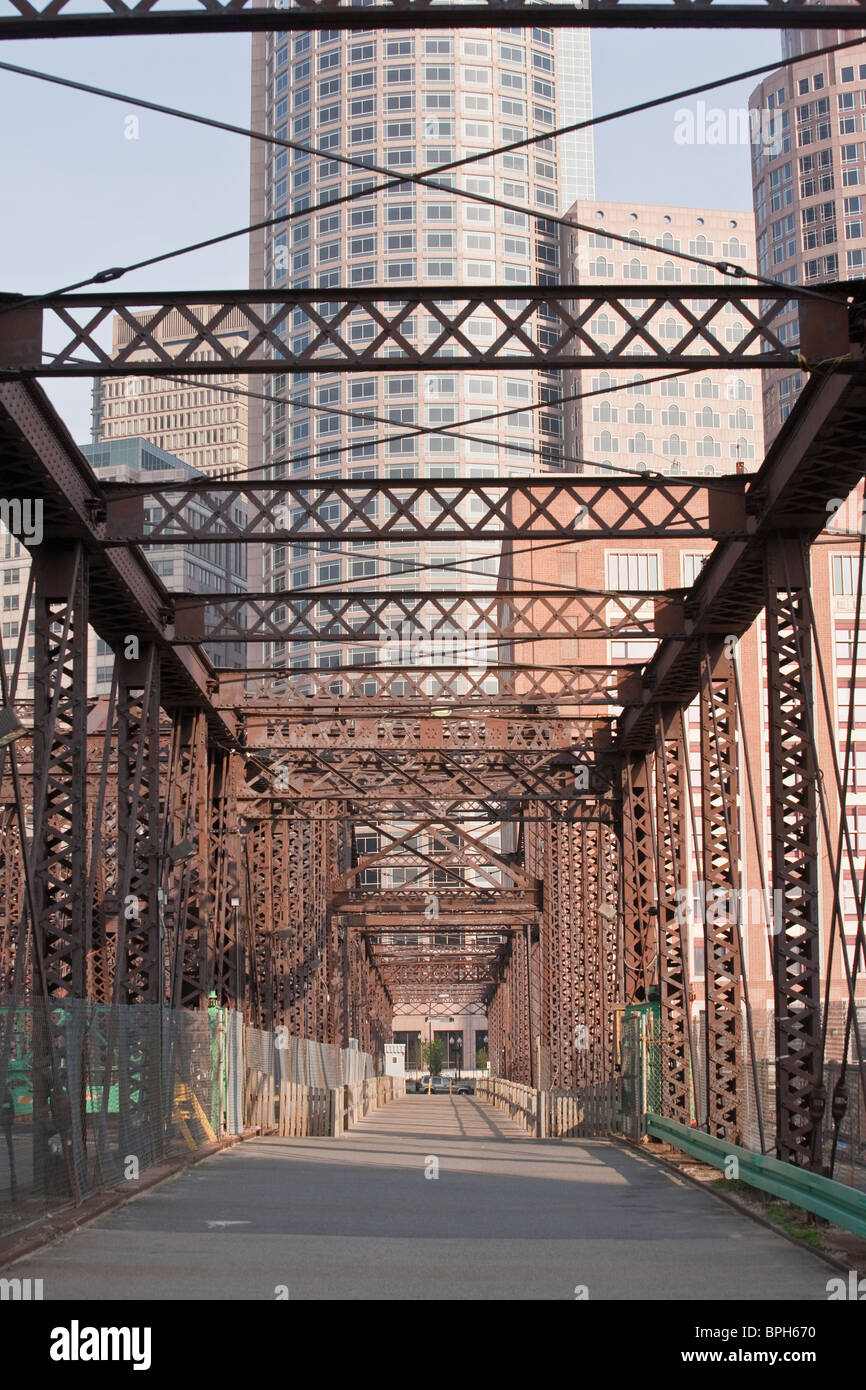 Iron footbridge in a city, Northern Avenue Bridge, Fort Point Channel ...