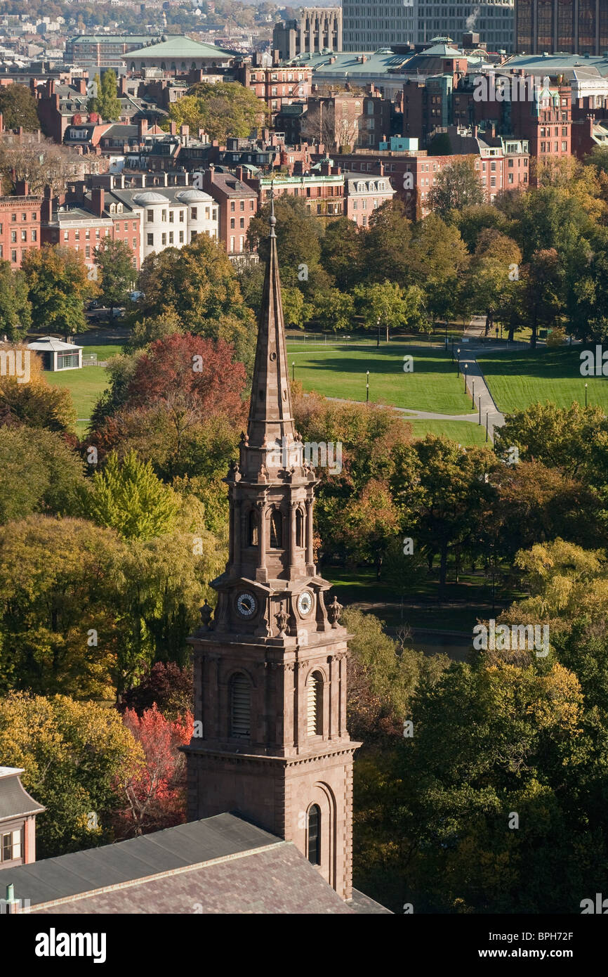 High angle view of the tower of a church and a public park, Arlington ...