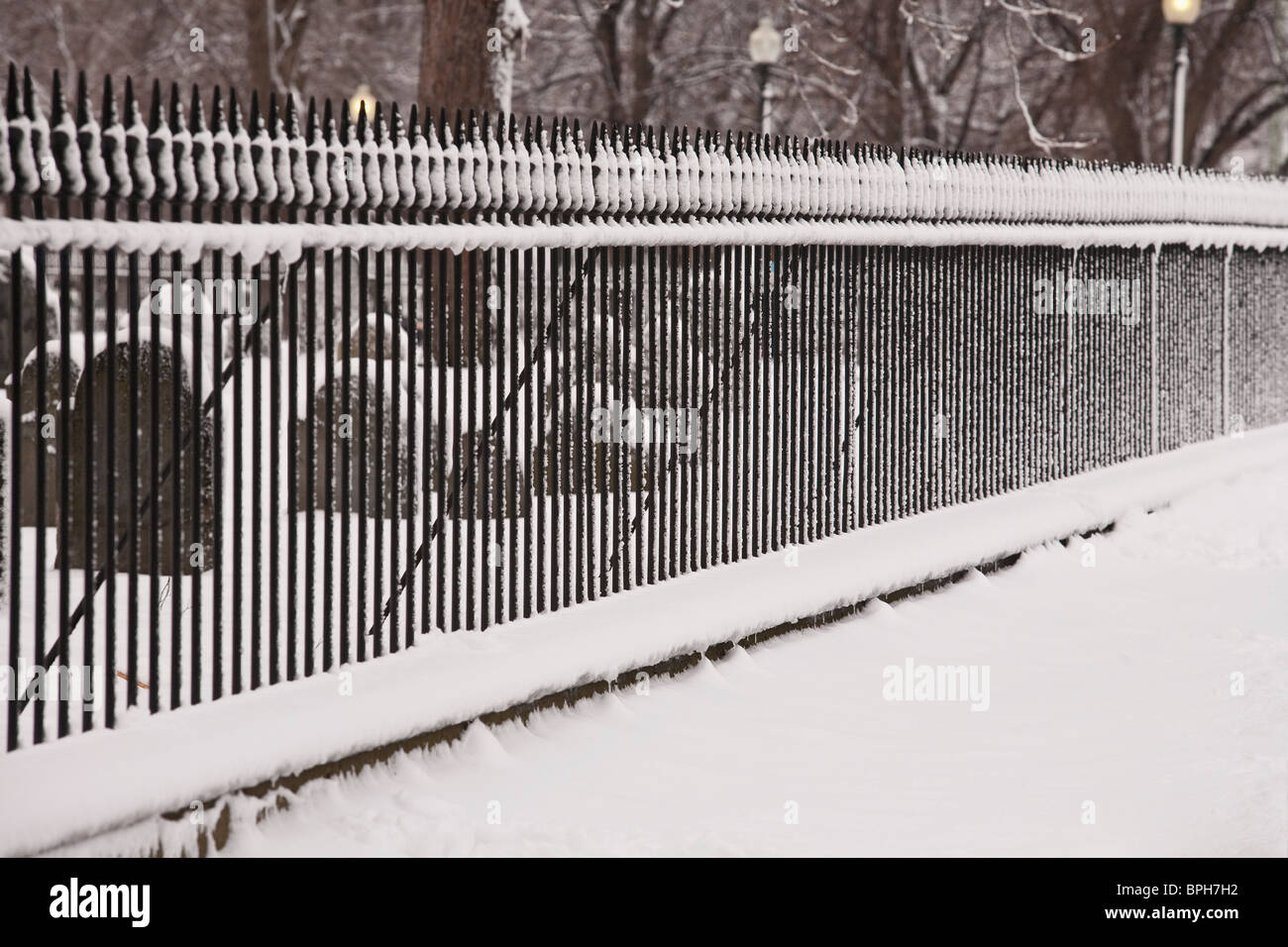 Wrought iron fence around a graveyard in winter, Boston Common, Boston ...