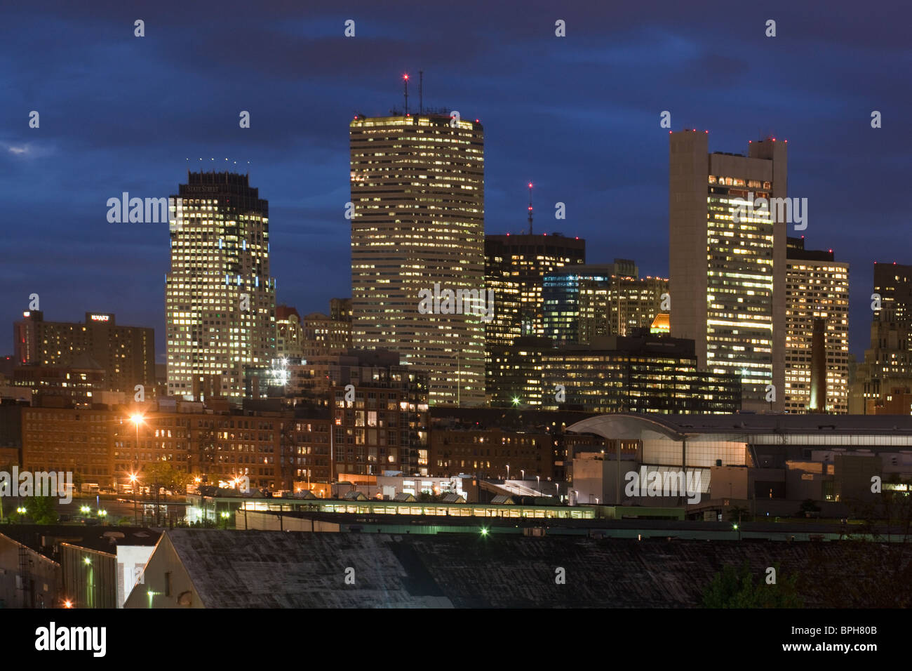 Buildings lit up at night, Boston Convention and Exhibition Center ...