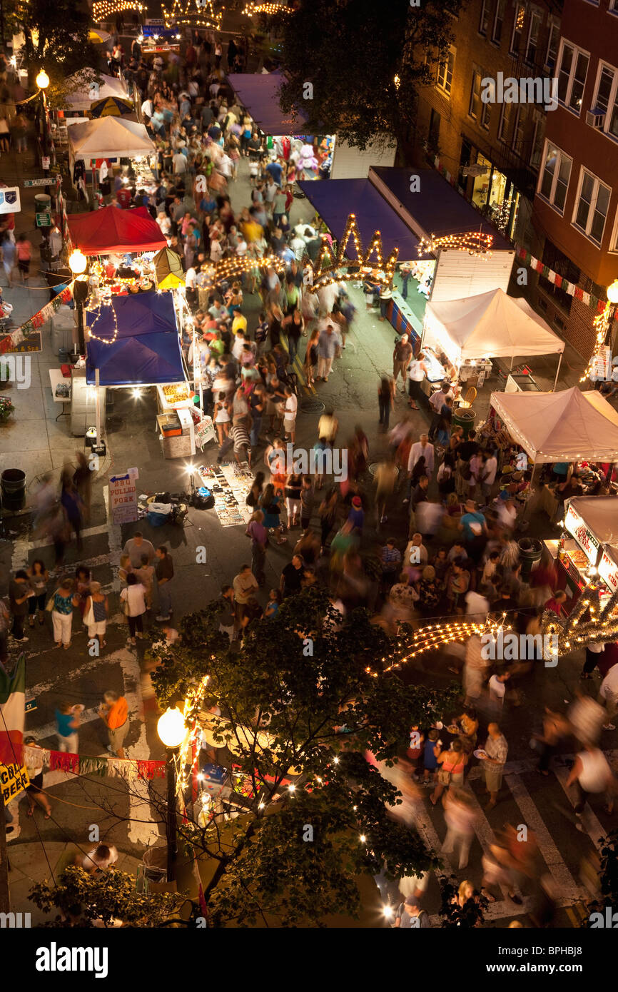 High angle view of people at a street festival, Hanover Street, Boston ...