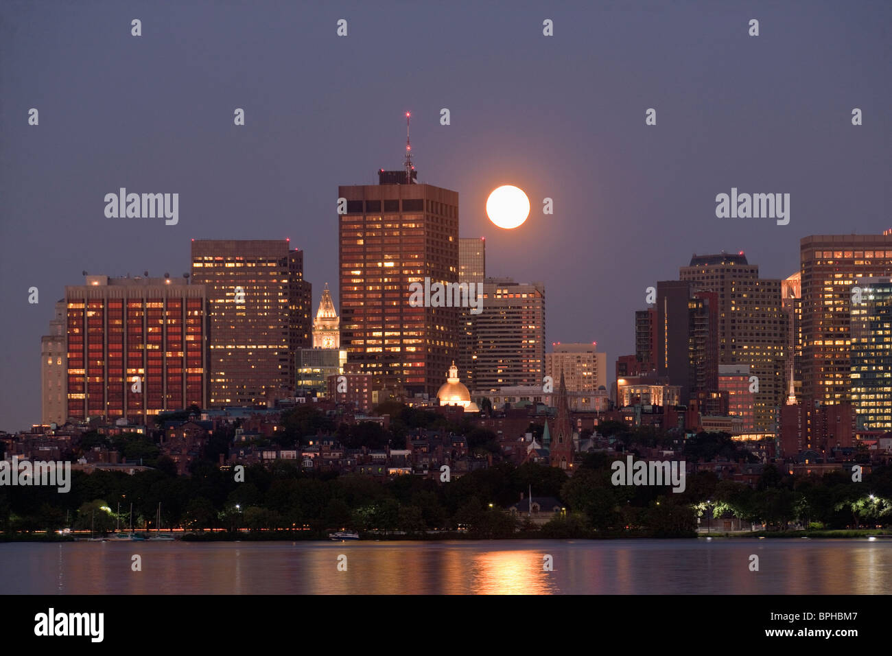 Full moon over city, Charles River, Beacon Hill, Boston, Suffolk County ...