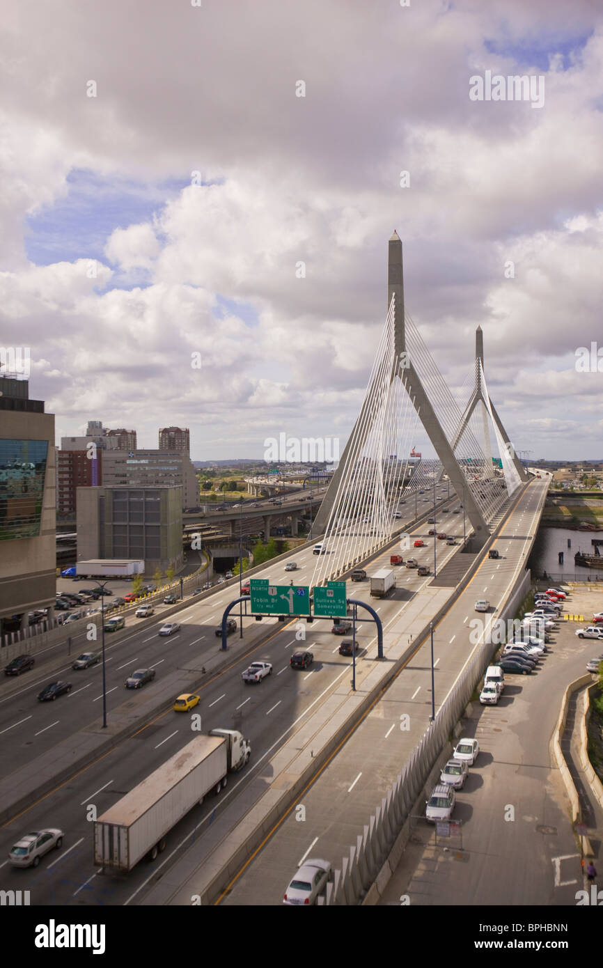 Traffic on a suspension bridge, Leonard P. Zakim Bunker Hill Bridge ...