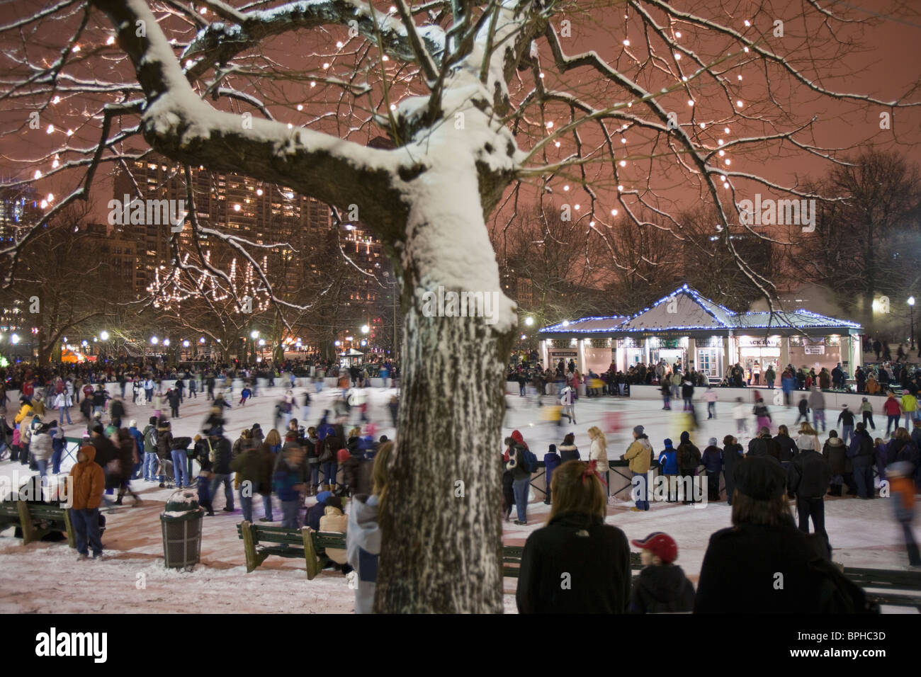 People at an ice rink on new year's eve, Frog Pond, Boston Common ...
