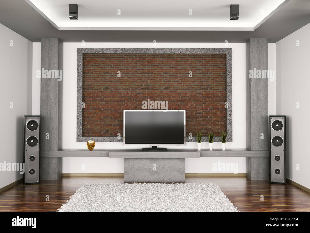 Interior of room with lcd and two speakers 3d render Stock Photo - Alamy