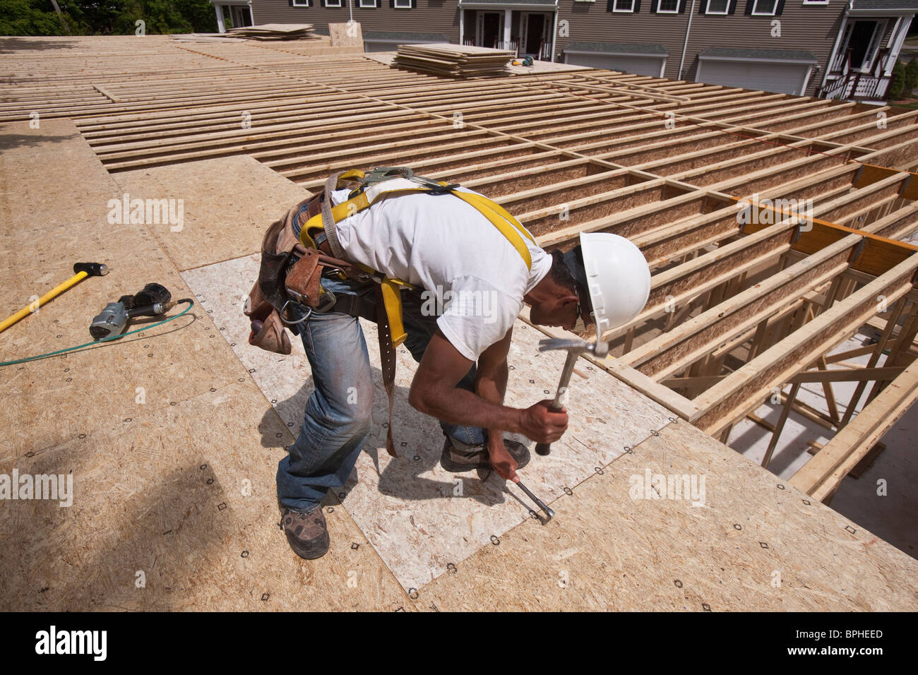 Carpenter hammering particle board in place Stock Photo - Alamy