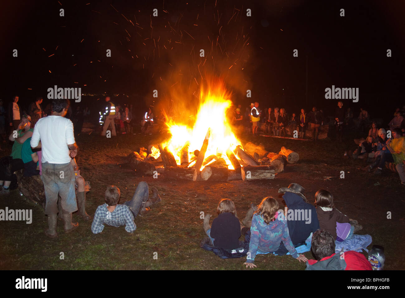 Camp fire at the Green Man festival 2010, Glanusk Park, Brecon Beacons ...