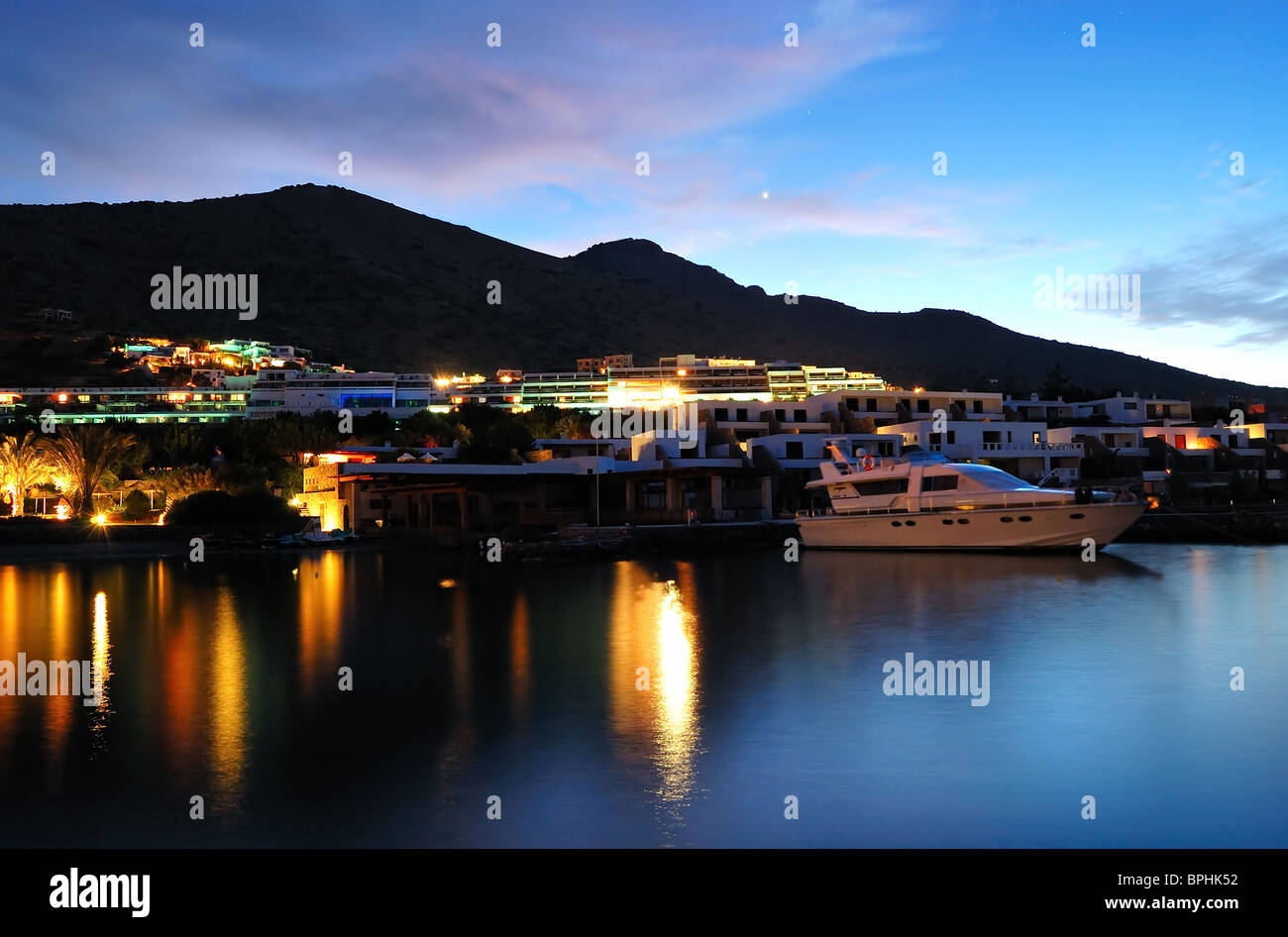 Beach illumination at luxury hotel during sunset, Crete, Greece Stock ...