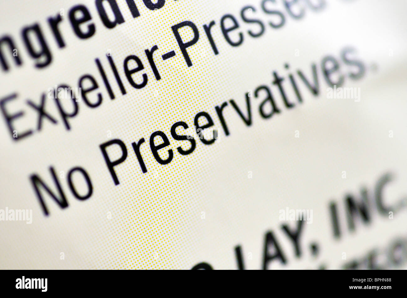 Nutrition information on food package -No Preservatives Stock Photo - Alamy
