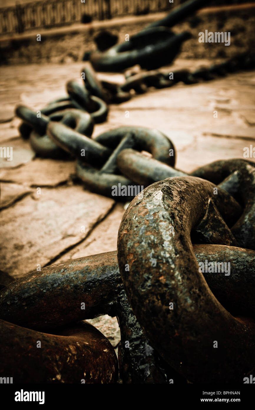 Vintage view of an old anchor and chain on the ground Stock Photo - Alamy