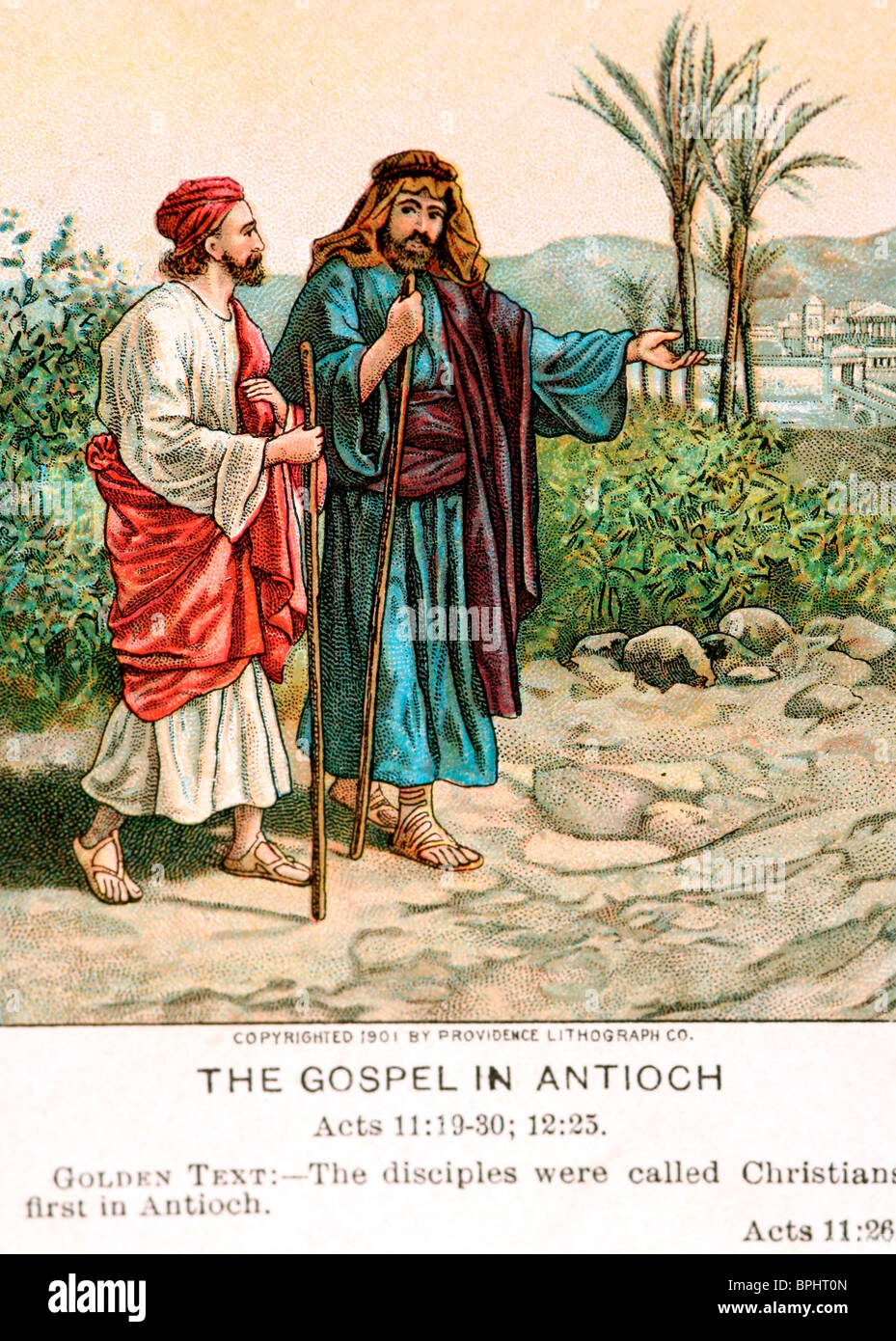 An old bible card depicting the 'Gospel at Antioch,' Paul on the road ...