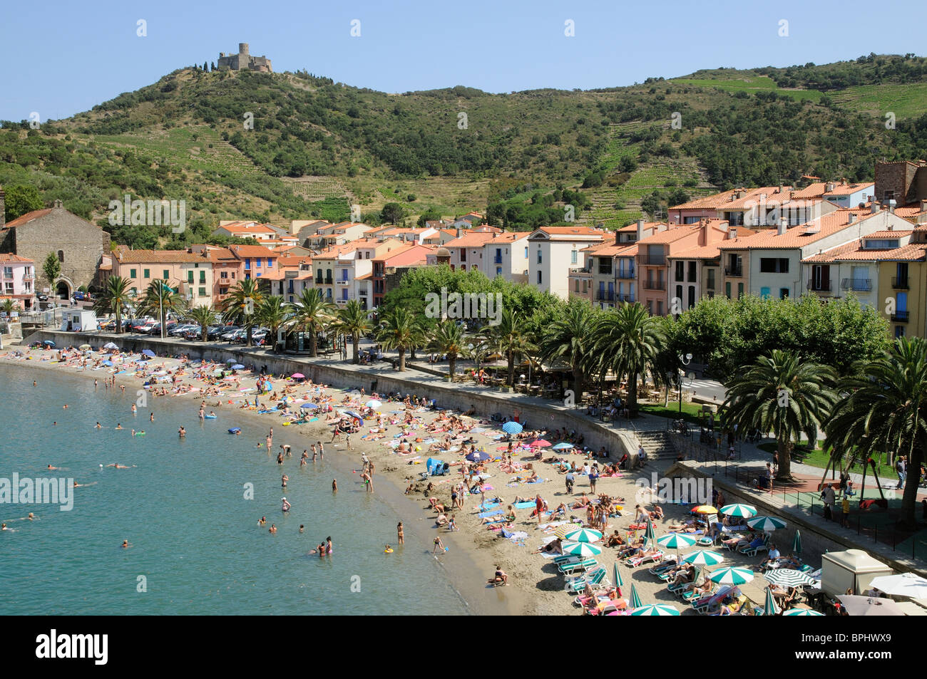 Beach & seafront at Collioure a historic coastal resort in the South of ...