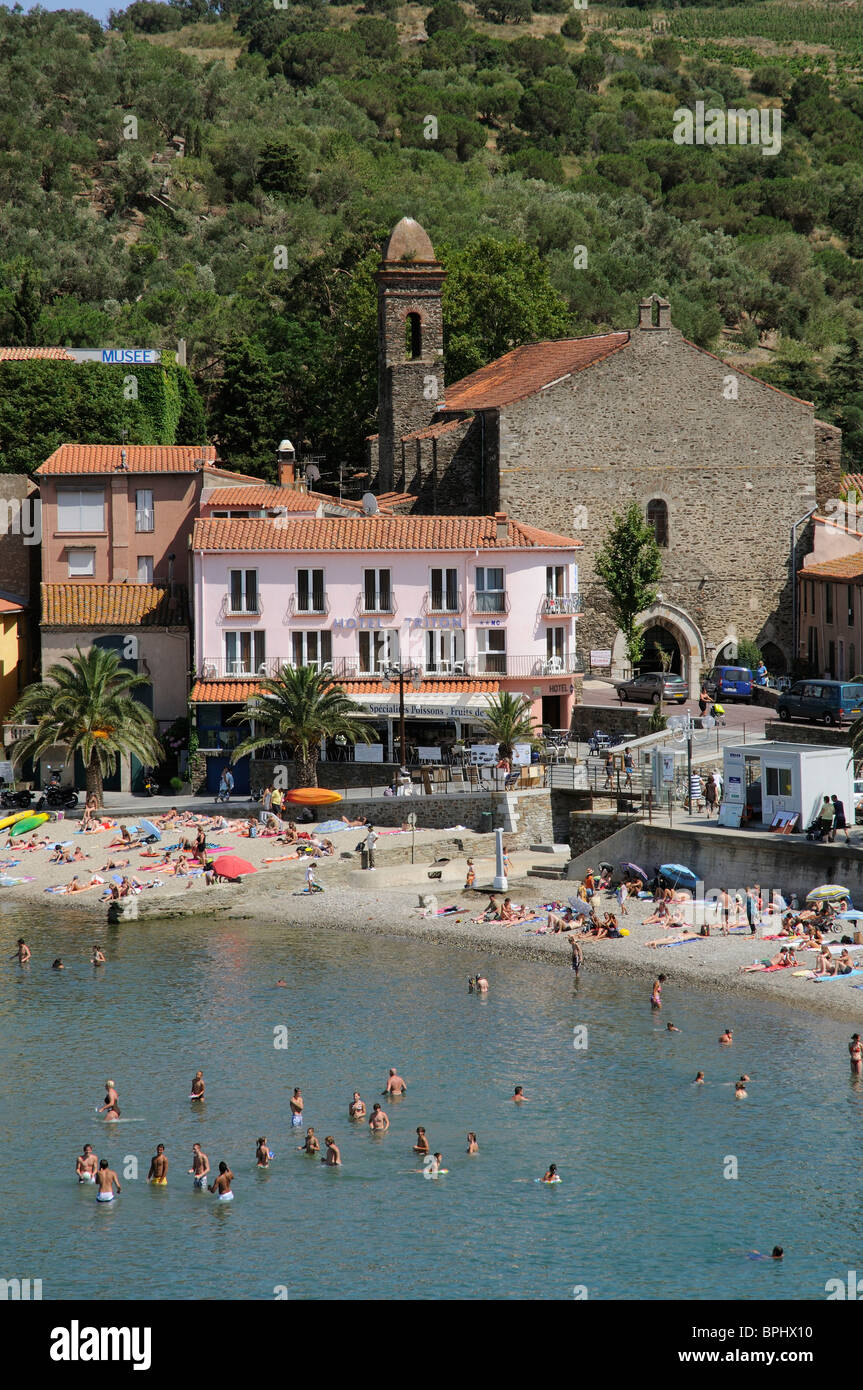 Beach & seafront at Collioure a historic coastal resort in the South of ...