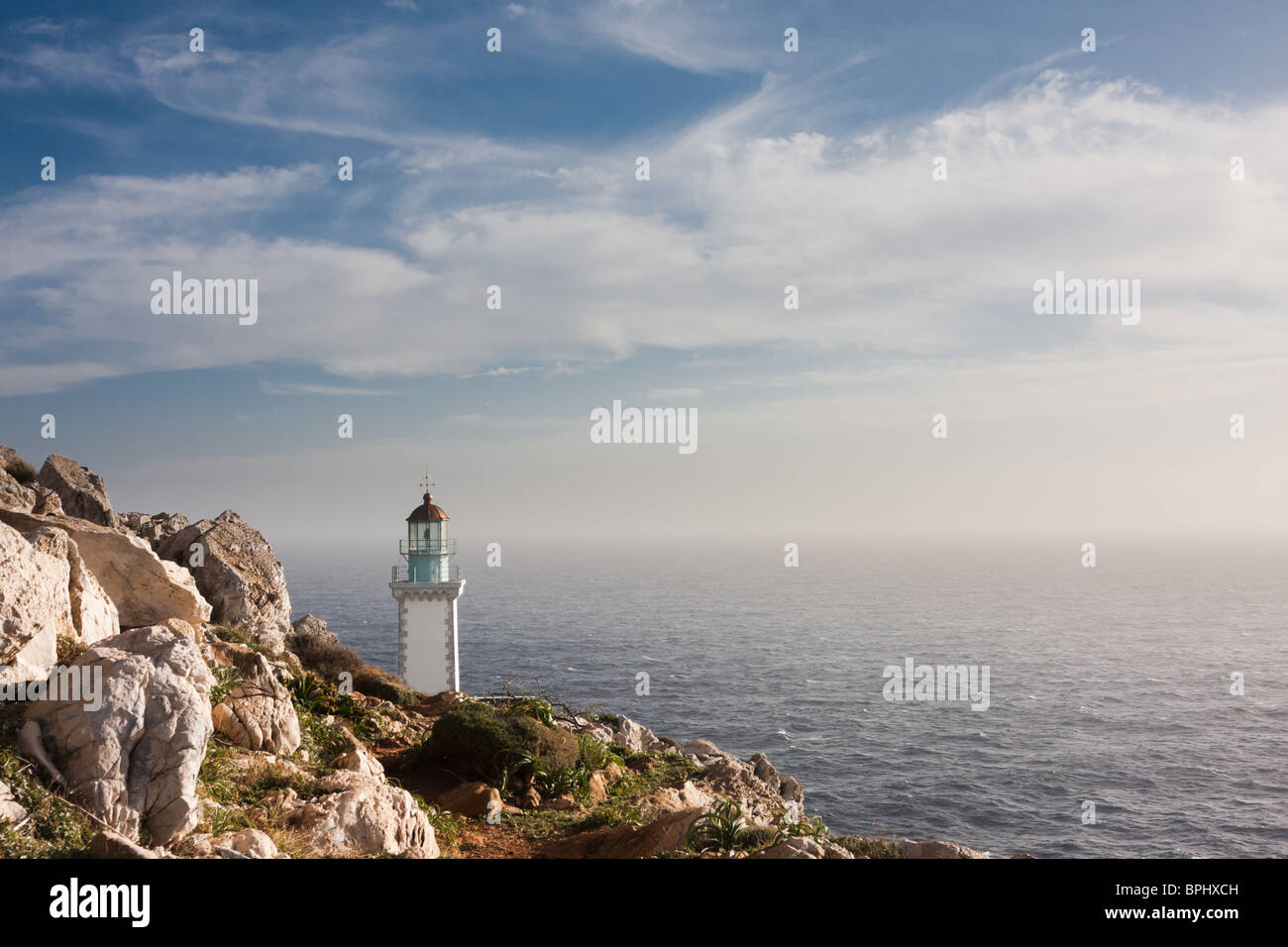 The lighthouse at Cape Tenaro in the Peloponnese, Greece Stock Photo ...