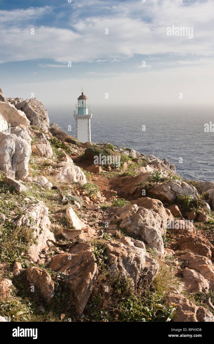 The lighthouse at Cape Tenaro in the Peloponnese, Greece Stock Photo ...