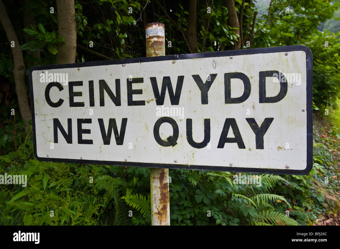 Scruffy bilingual Welsh English language street sign outside the ...