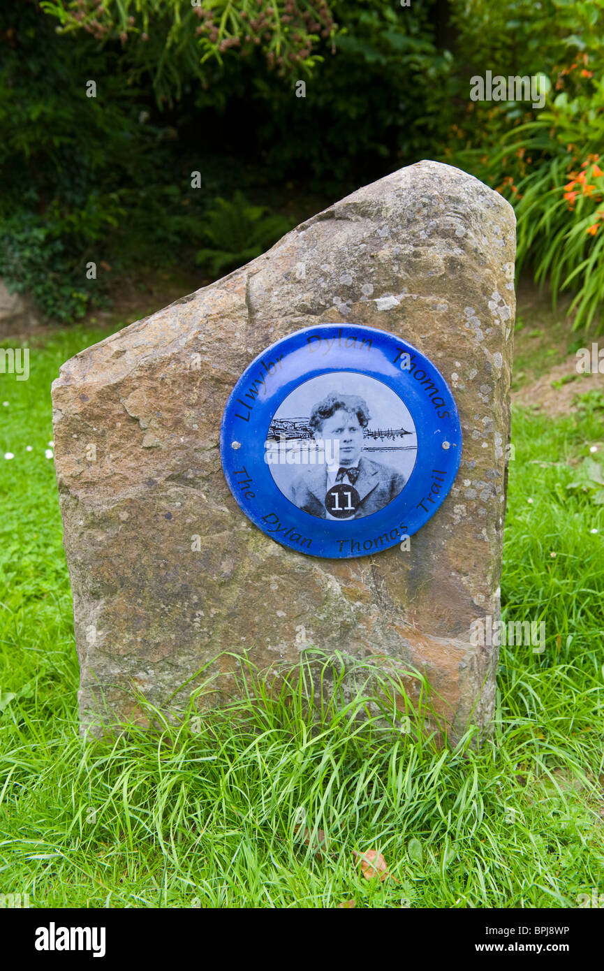Blue plaque outside house on Dylan Thomas heritage trail in the holiday ...