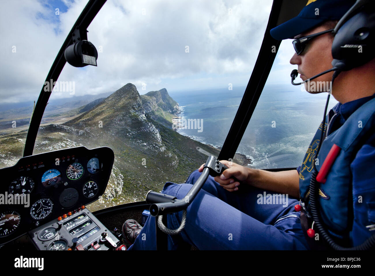 Helicopter pilot, view from helicopter, Cape Town, Cape Peninsula ...